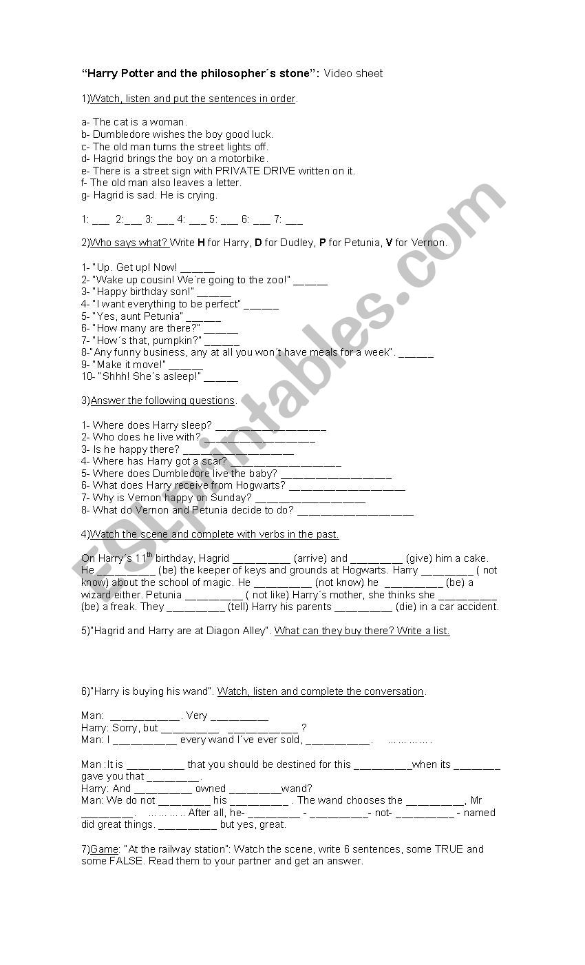 Harry Potter and the philosopher´s stone. Video sheet. - ESL worksheet ...