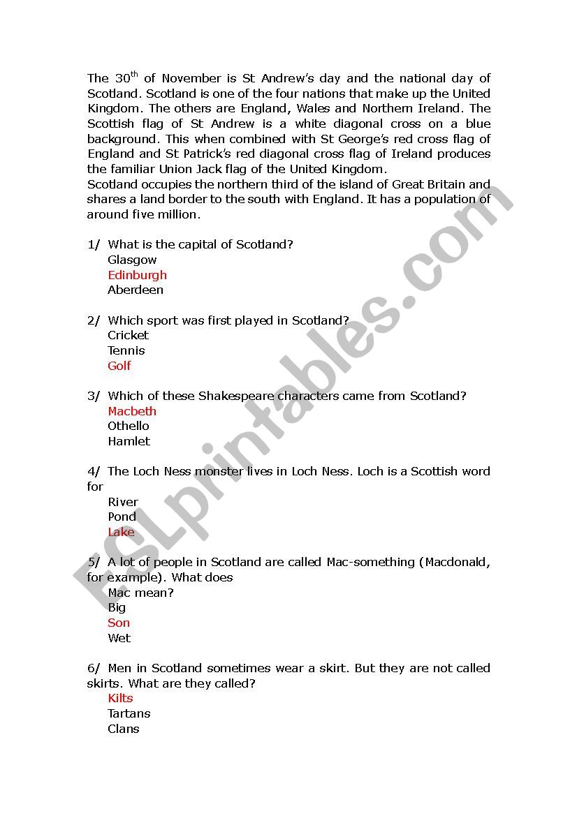 St Andrew´s Day - ESL worksheet by Garage