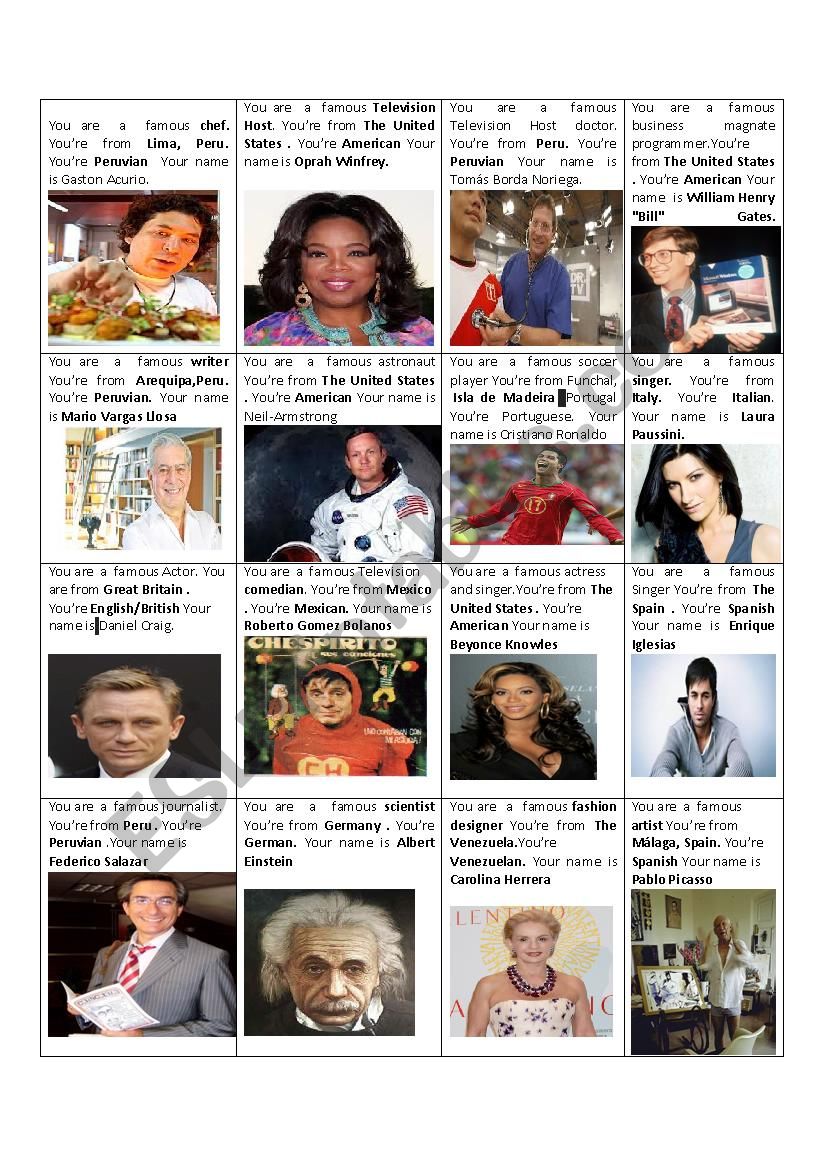famous people´s occupations speaking cards - ESL worksheet by yuly huacachi