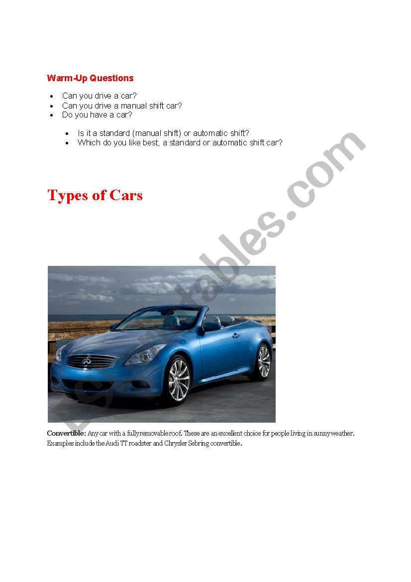 Types of Cars & Dialogue - ESL worksheet by Cbhck