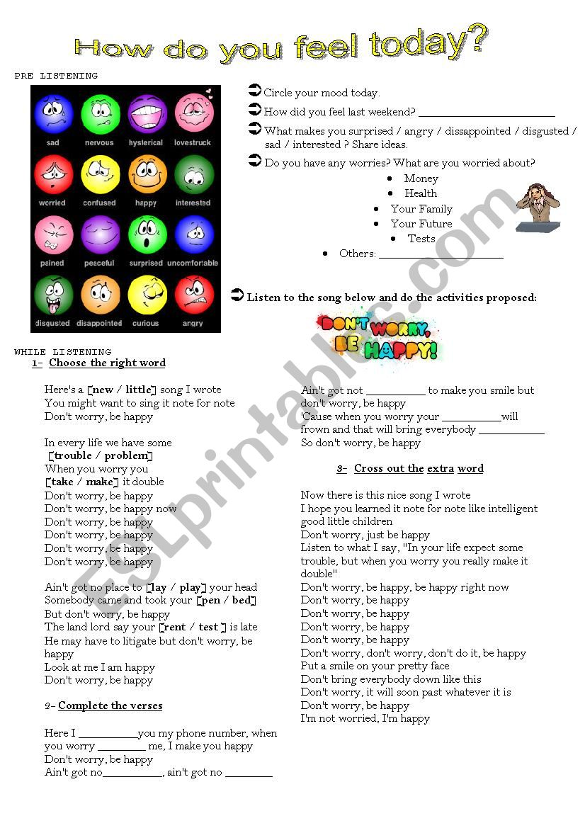 Don´t Worry Be Happy - ESL worksheet by carlah