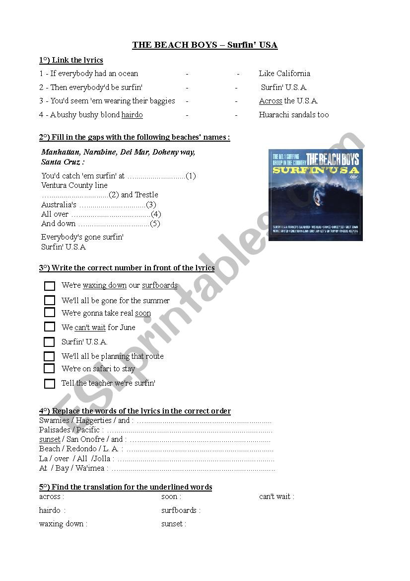 Beach Boys - Surfin´ USA - ESL worksheet by marie-nieto