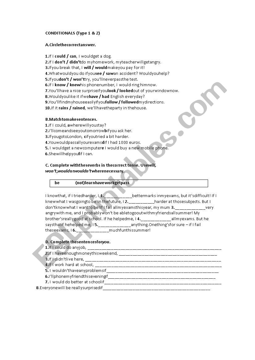 CONDITIONALS (Type 1 & 2) - ESL worksheet by deryatopan