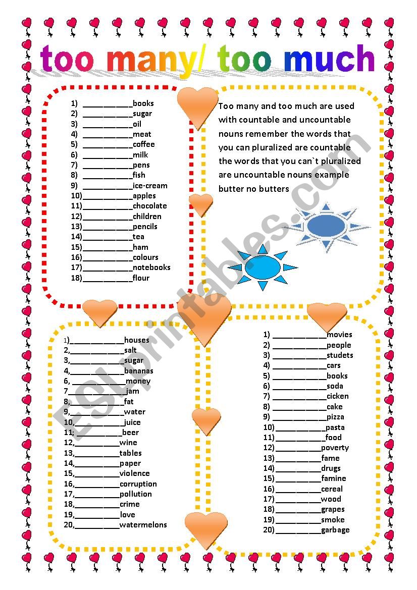 TOO MUCH TOO MANY ESL Worksheet By Lelany