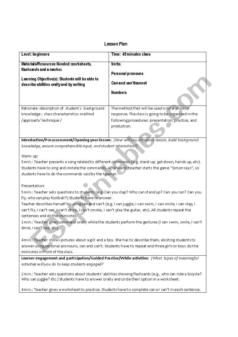 Lesson Plan can and can´t - ESL worksheet by paulaiin