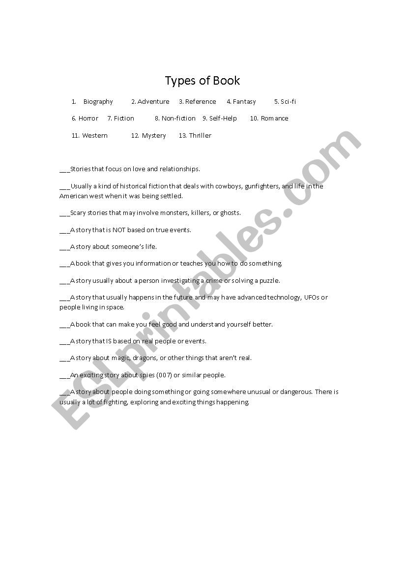 Types of Book Matching Worksheet - ESL worksheet by beaufortninja