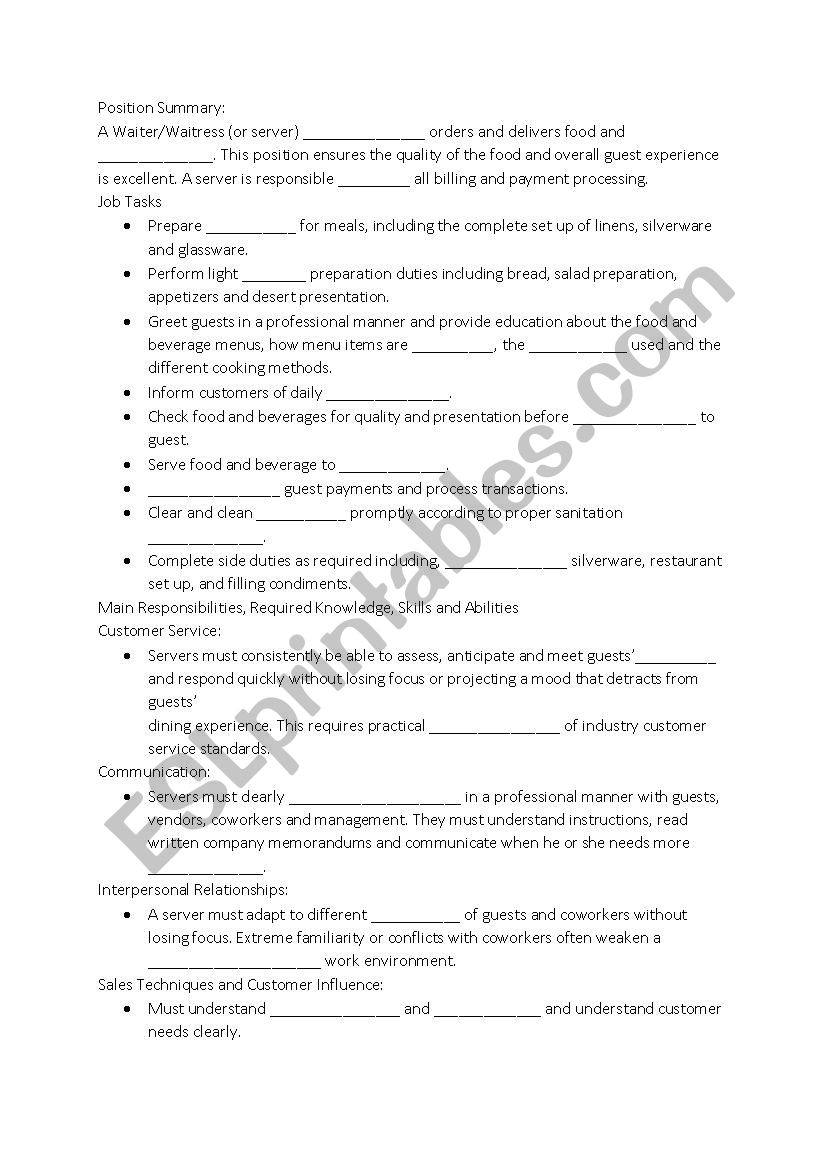 Waiter´s job - ESL worksheet by rudamaruda