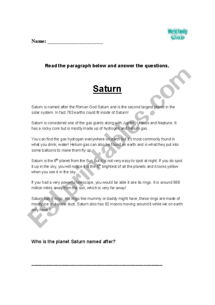 Planet SaturnÂ´s reading comprehension with questinos - ESL worksheet ...