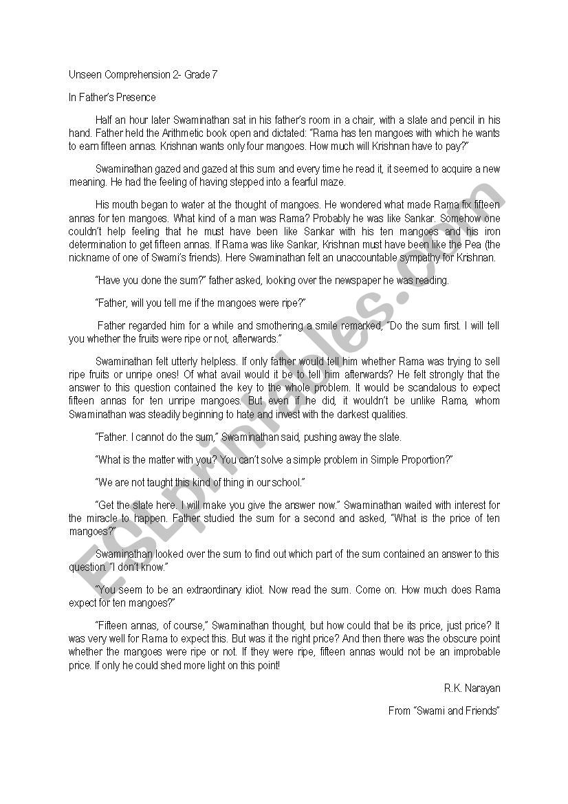 Excellent Unseen Reading Comprehension Printable Worksheet