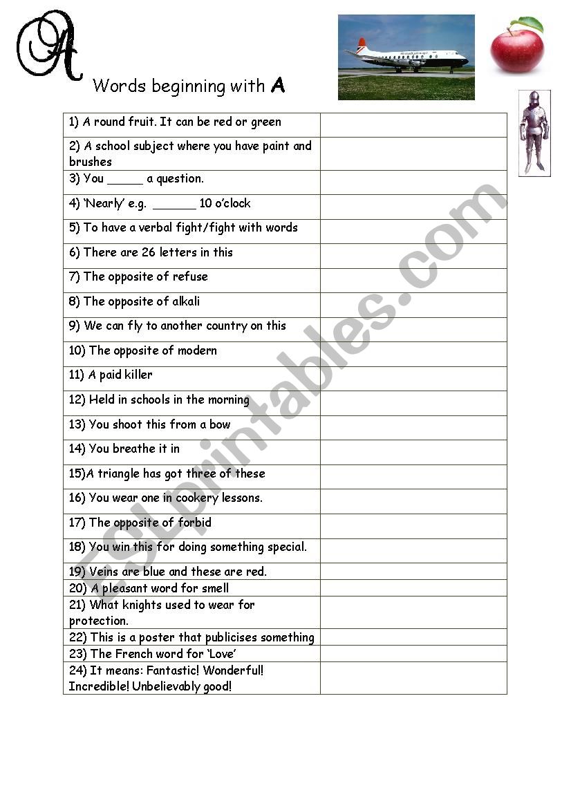 Words beginning with ´A´ - ESL worksheet by cunliffe