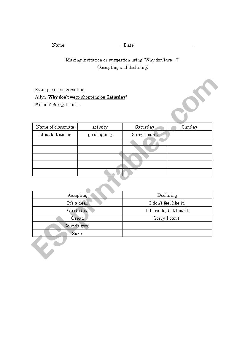 Why don´t we...? - ESL worksheet by mahlove
