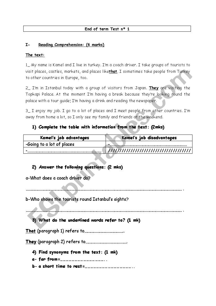 End of term Test n° 1/ 8th form - ESL worksheet by botolo