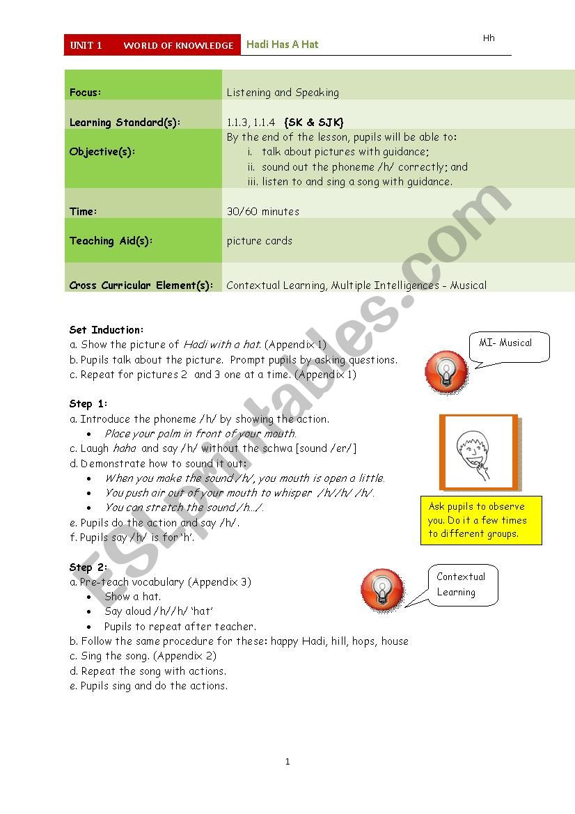 teacher´s module for sound h - ESL worksheet by zizizihahahamohamad