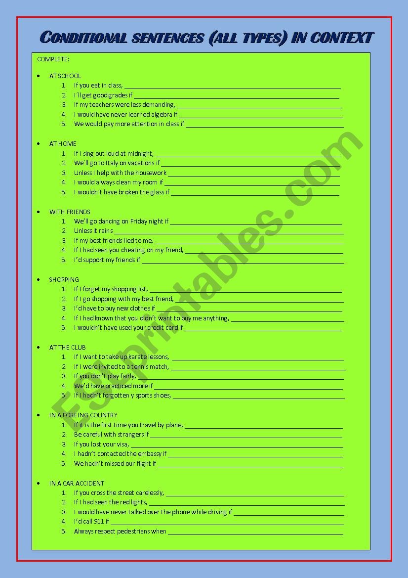Conditional sentences (all types) in different contexts - ESL worksheet ... Conditional sentences (all types) in different contexts - ESL worksheet ...
