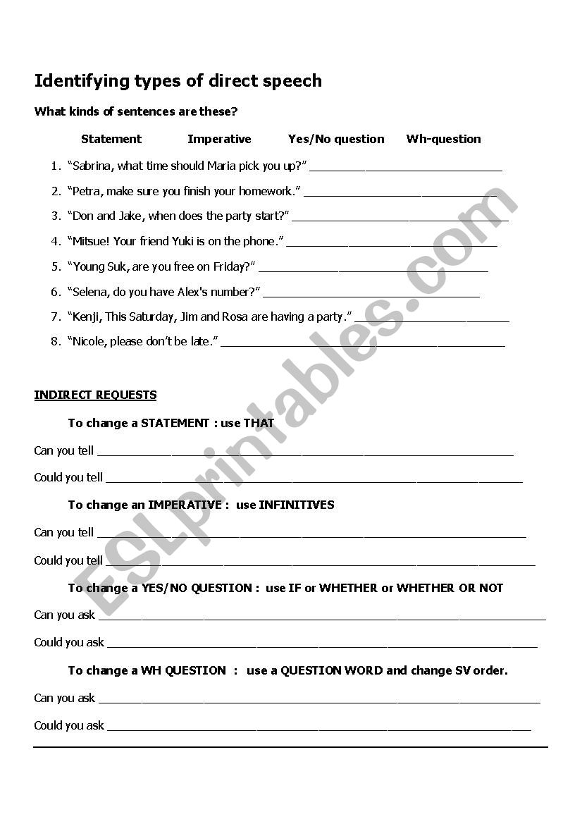 Reported Speech Practice - ESL worksheet by dfuchigami