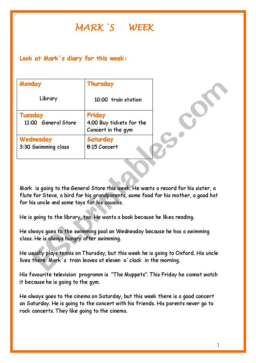 MARK´S WEEK - ESL worksheet by bluedoll