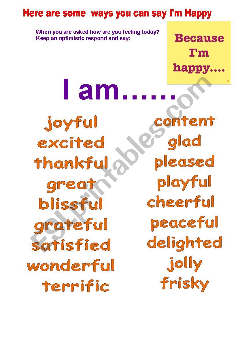 Here are some ways you can say I´m Happy - ESL worksheet by Adva