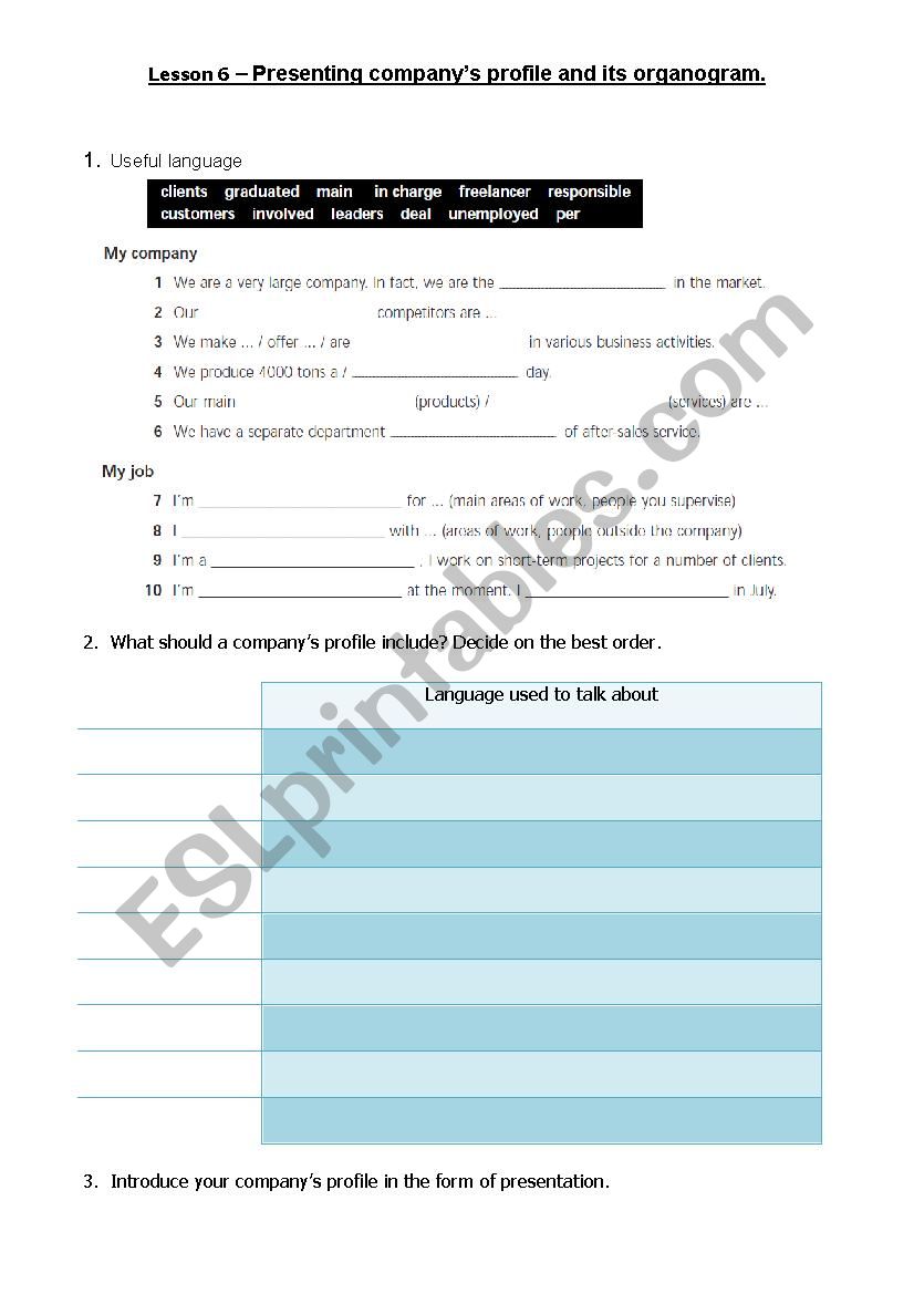 Company´s Profile and Organisation - ESL worksheet by edboydeshaw
