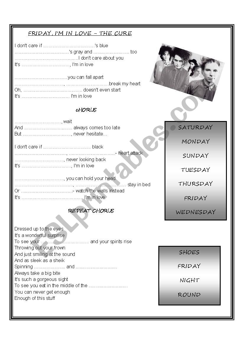 FRIDAY, I´M IN LOVE - ESL worksheet by mauge992