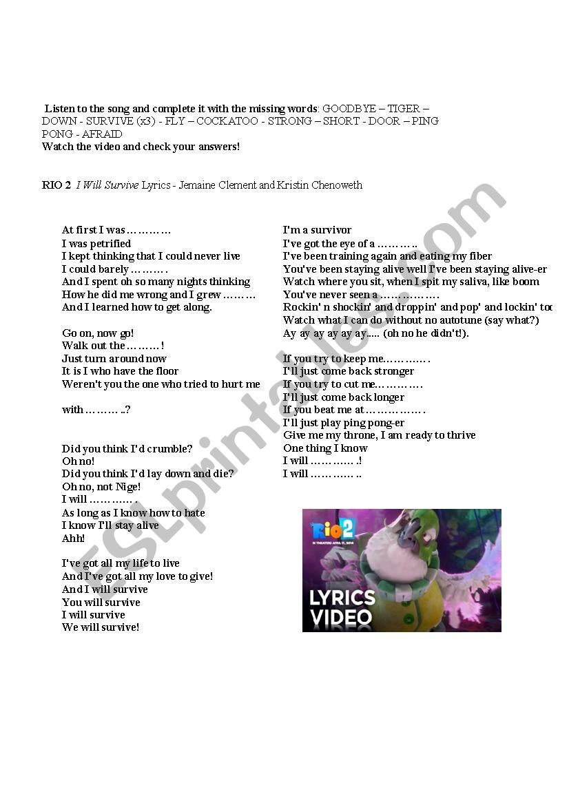 Rio 2 ´I Will Survive´ Lyrics - ESL worksheet by Lingogrl