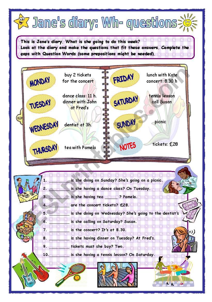 Jane´s diary: Wh- questions - ESL worksheet by mpotb