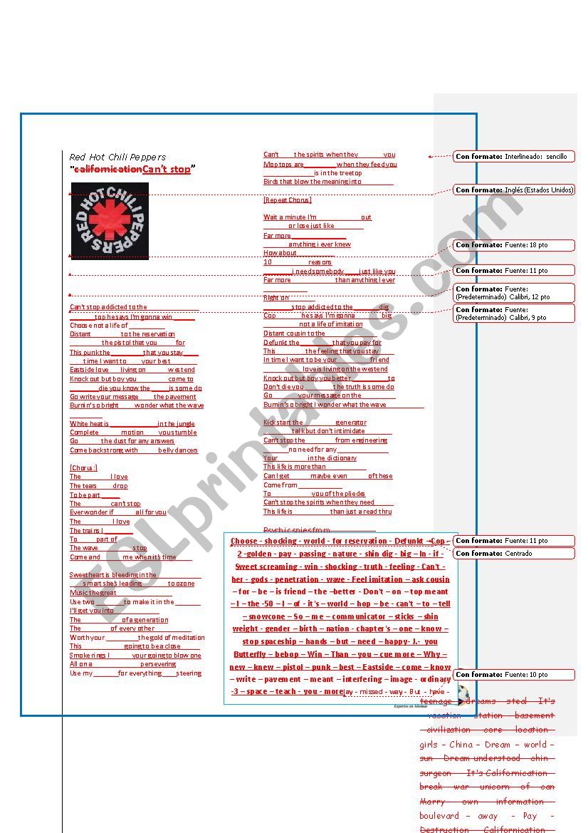 can´t stop - Red hot chilli peppers song - ESL worksheet by ...