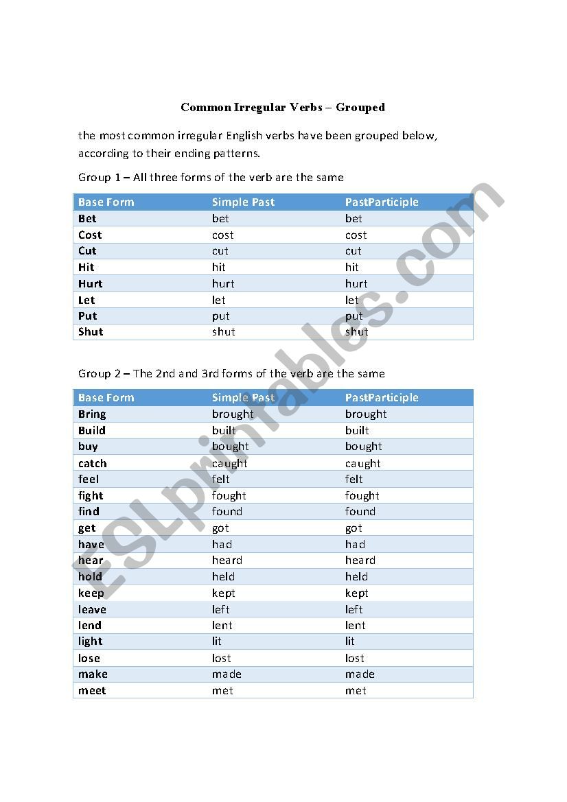 Common Irregular Verbs – Grouped - ESL worksheet by arielconcepcion23