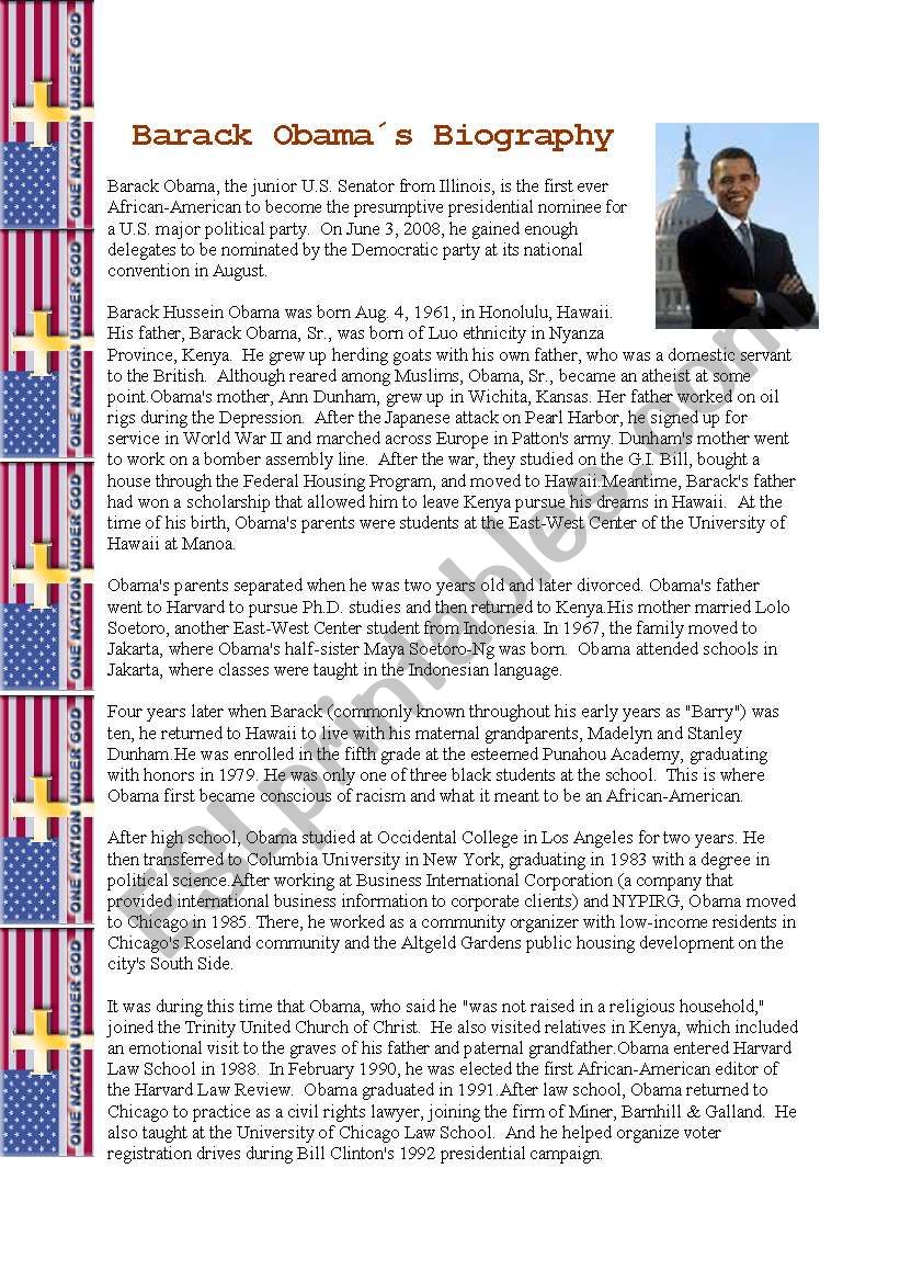 Barack ObamaÂ´s Biography - ESL worksheet by renca