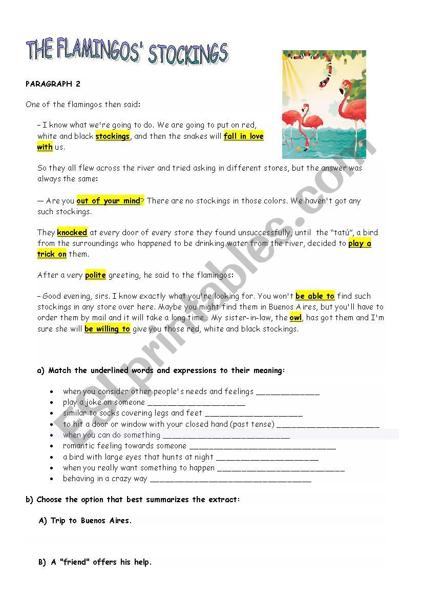 The Flamingos´ stokings Horacio Quiroga worksheet 2 - ESL worksheet by ...