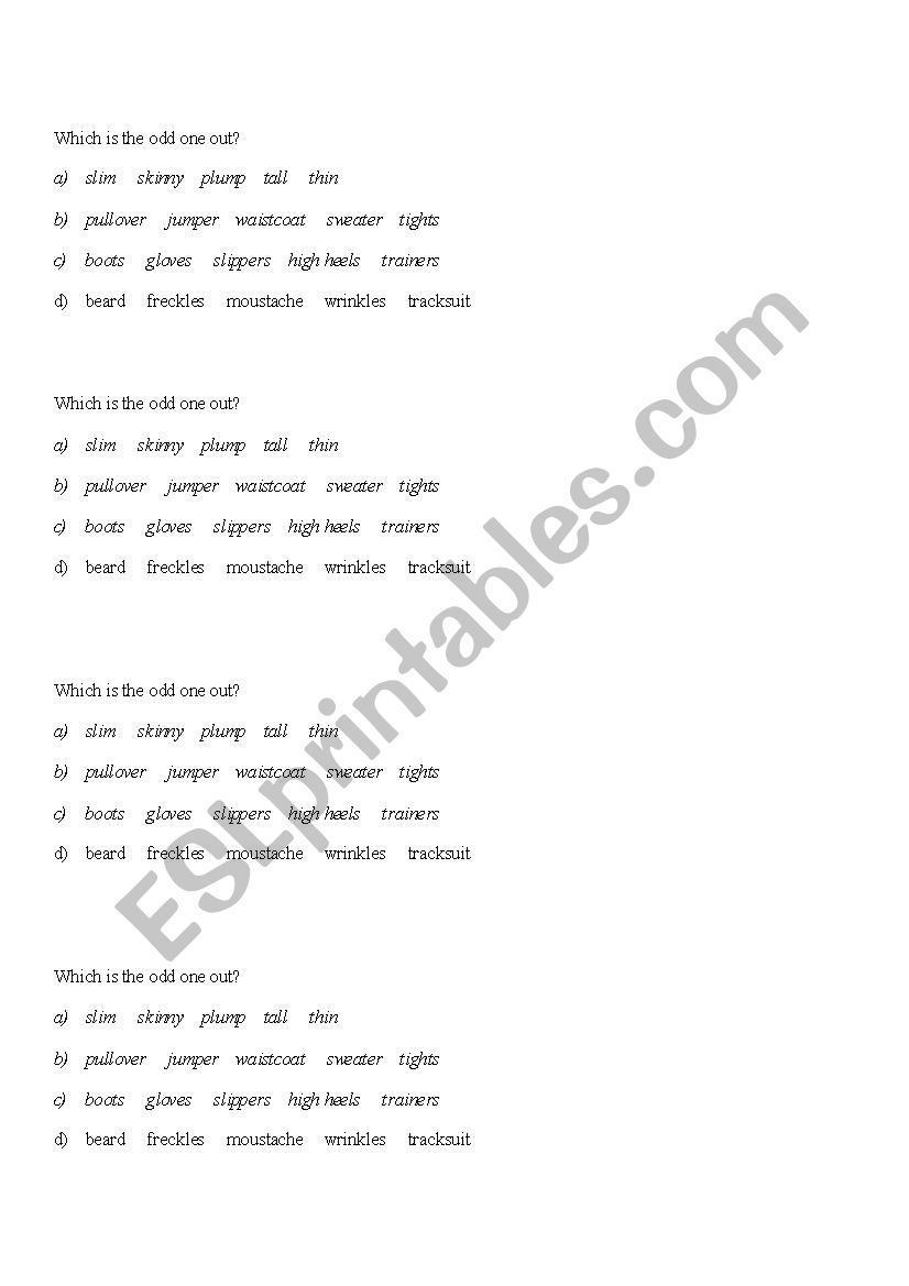 Choose the odd one out: Clothes and appearance - ESL worksheet by Julitka