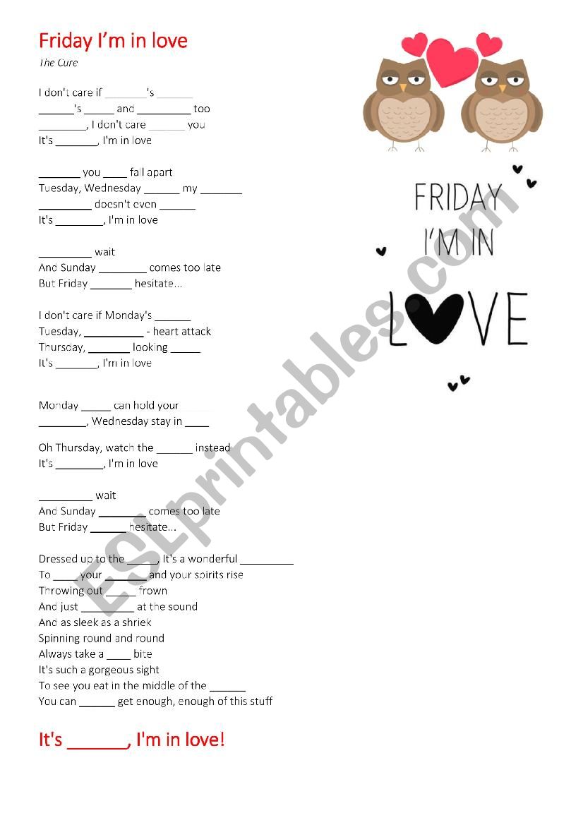 Song - Friday I´m in love - ESL worksheet by nagroff