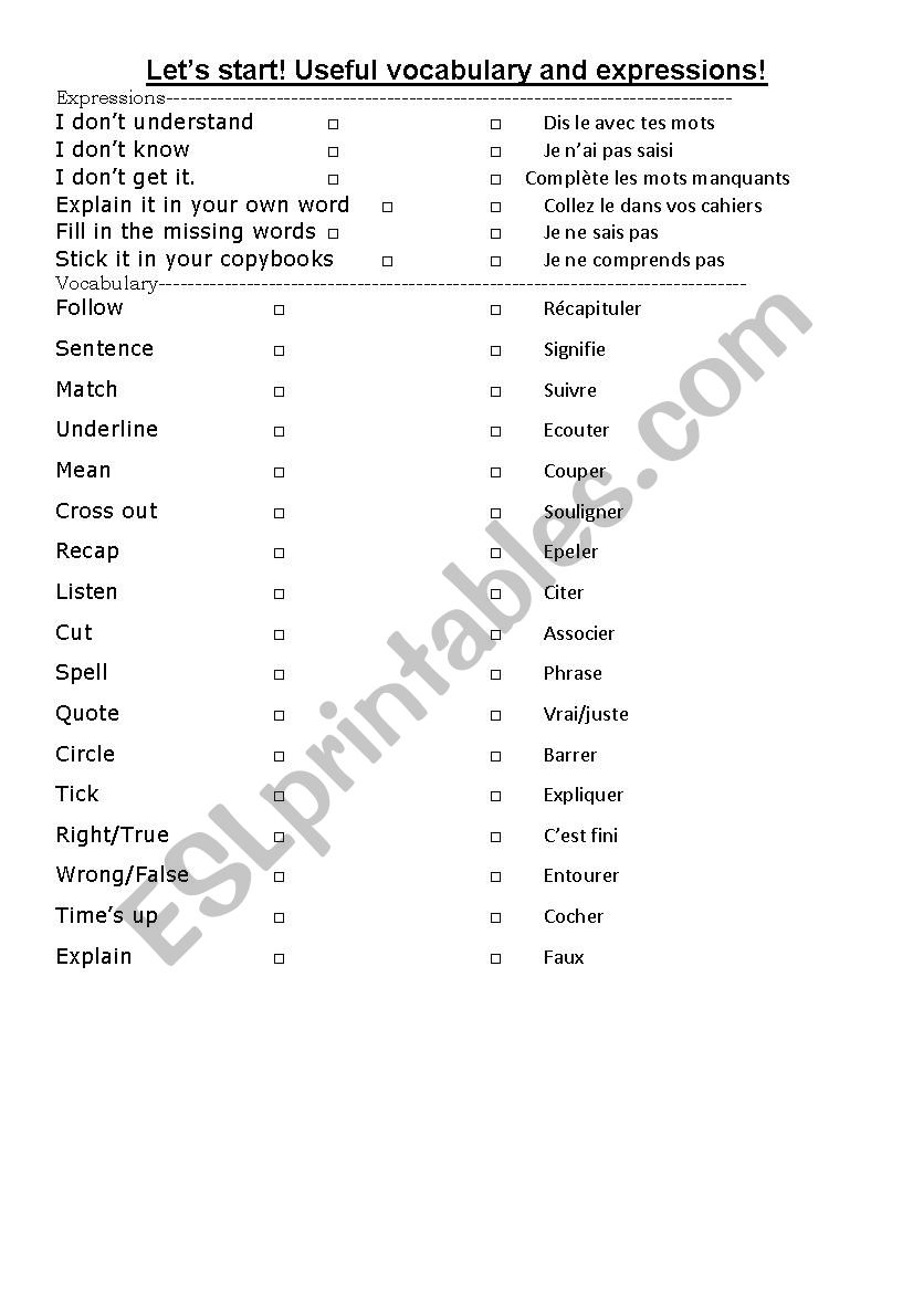 Let´s start! Classroom vocabulary - ESL worksheet by Thbf