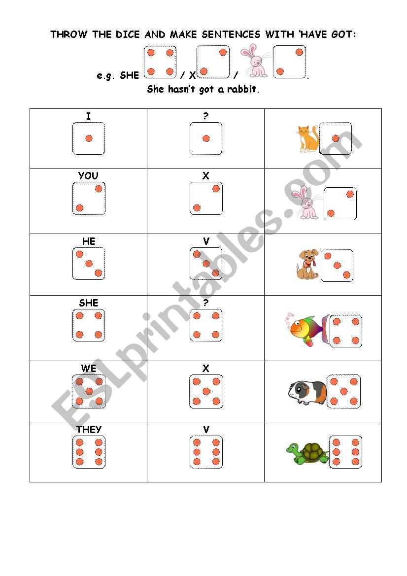 game with a dice ´have got + pets´ - ESL worksheet by blackssheep