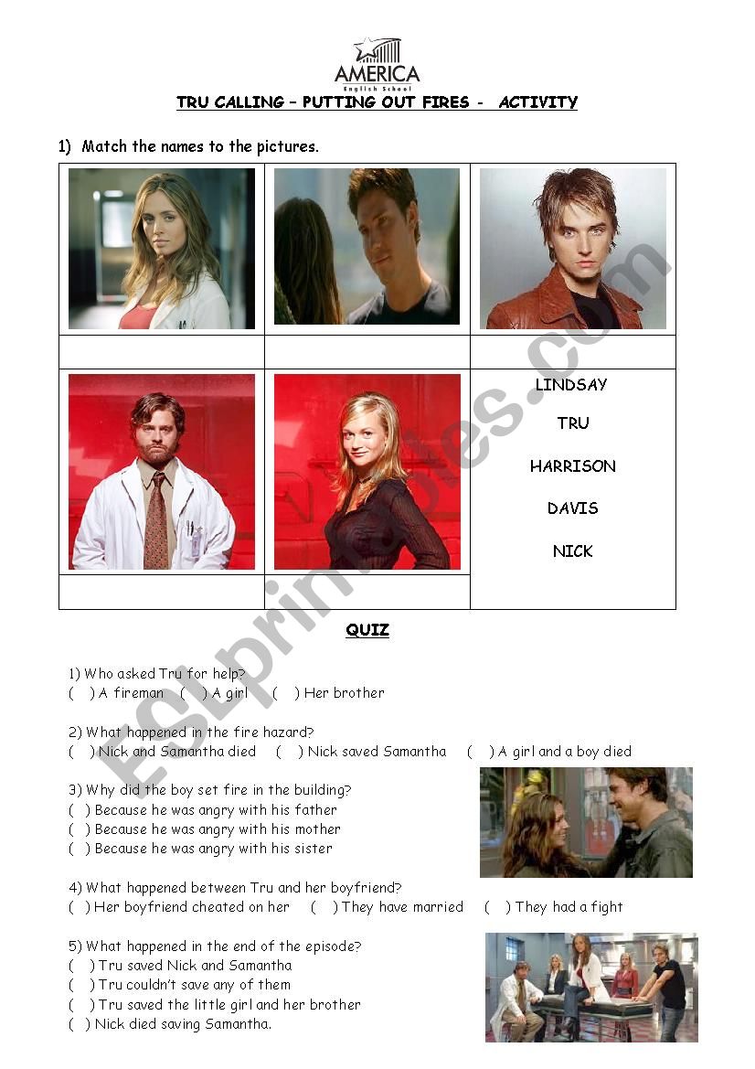 TRU CALLING â€“ PUTTING OUT FIRES - EPISODE ACTIVITY - ESL worksheet by ...