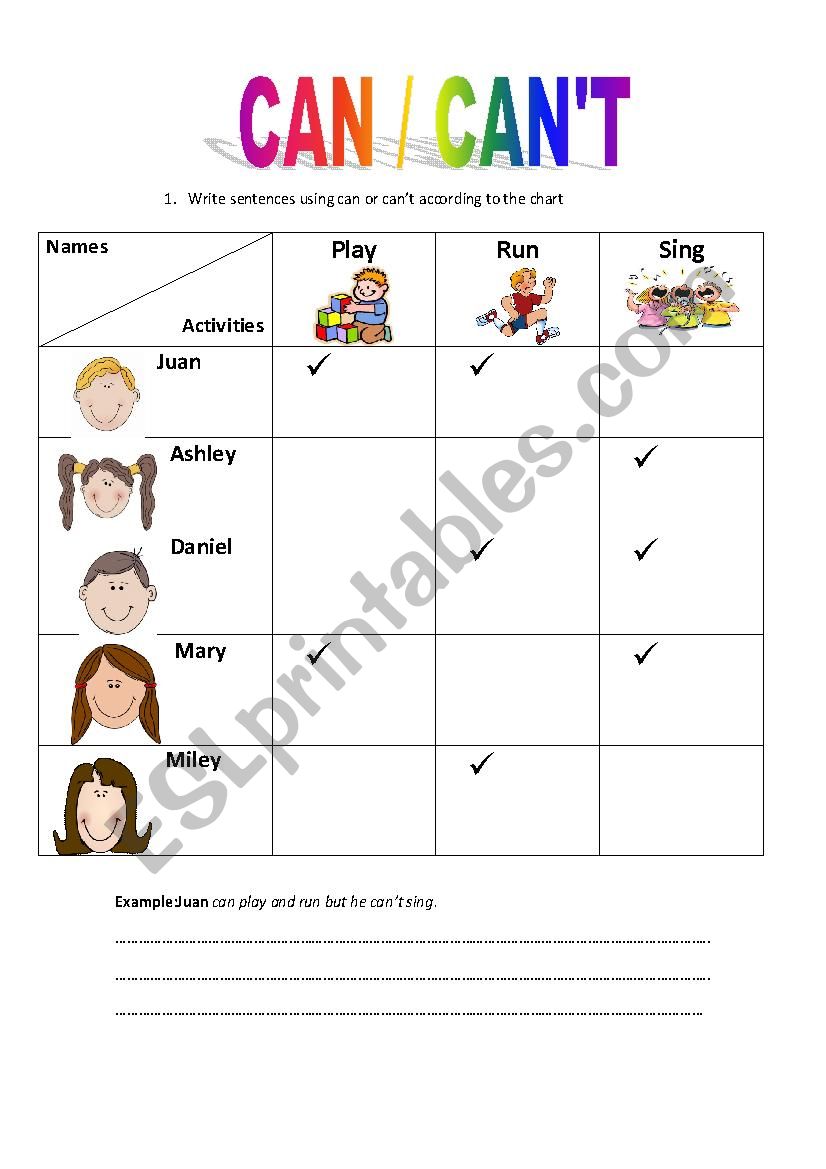 Can/ can´t - play, run, sing. - ESL worksheet by Angiela