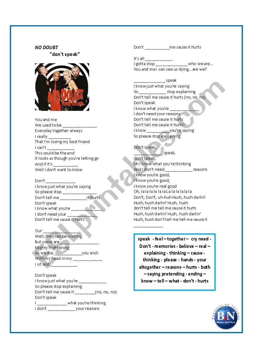 no doubt - don´t speak - ESL worksheet by expertosenidiomas no doubt - don´t speak - ESL worksheet by expertosenidiomas