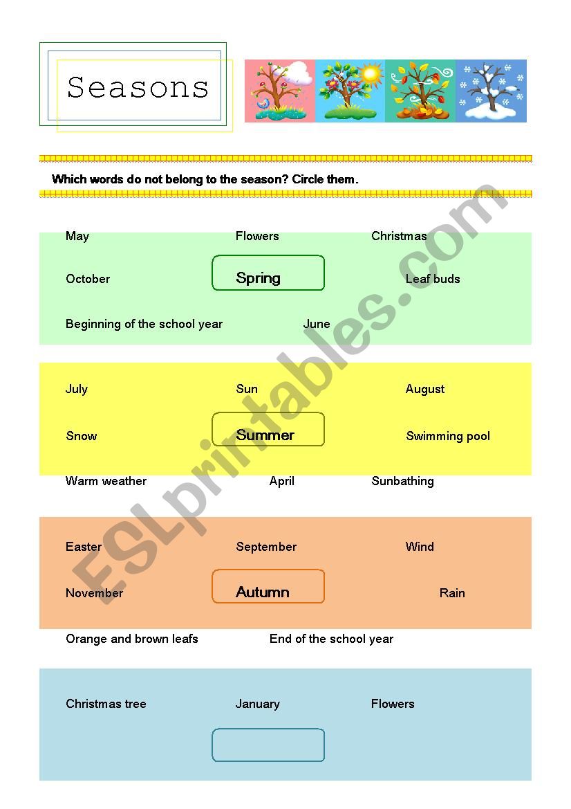 Seasons: which words don´t belong? - ESL worksheet by josje84