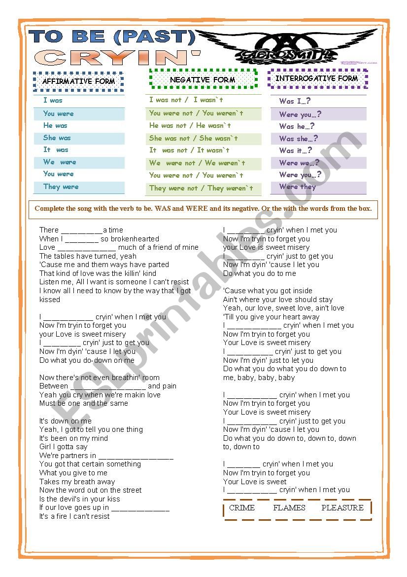 Simple Past - Verb To Be (Cryin´ - AereoSmith - ESL worksheet by rody