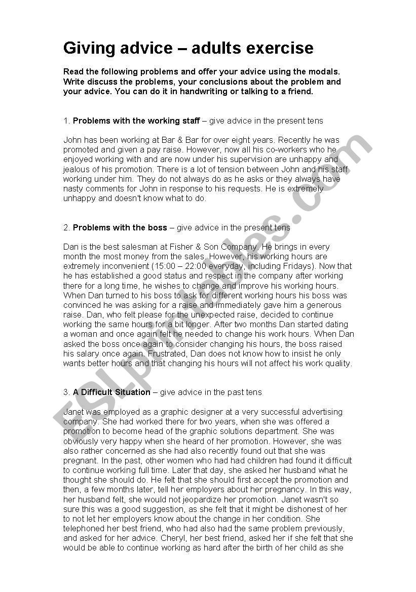 Giving advice using modals – adults exercise