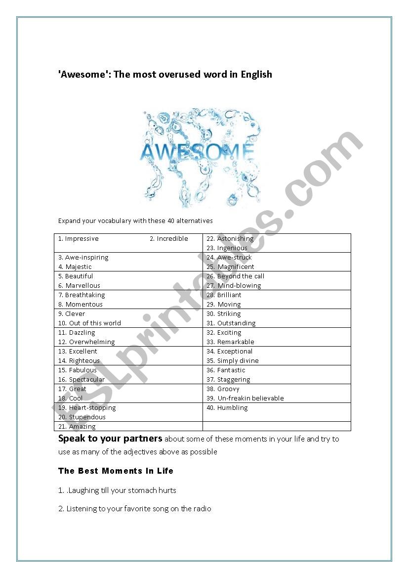 Don´t overuse the word "awesome" - ESL worksheet by april