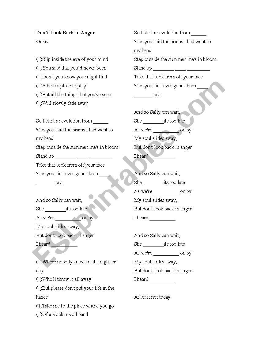 Oasis - Don´t Look Back in Anger - ESL worksheet by CBCC