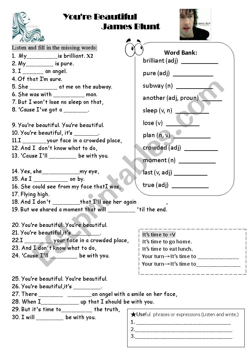 You´re beautiful - ESL worksheet by narricc