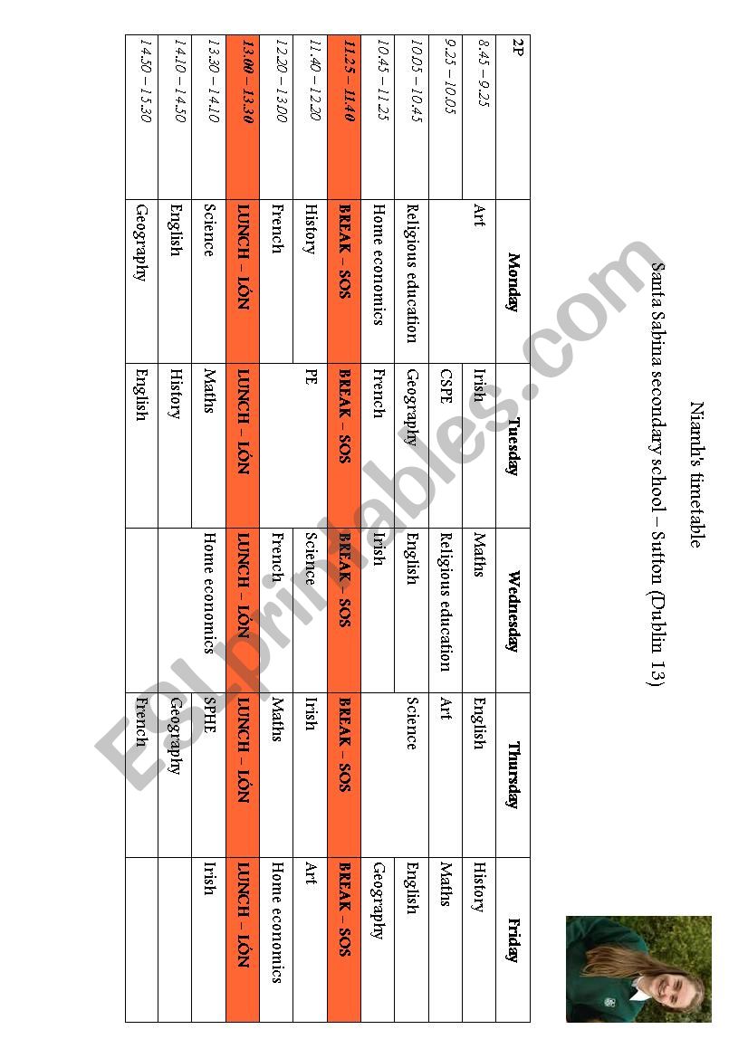 Niamh´s timetable (Irish secondary school) - ESL worksheet by dori41