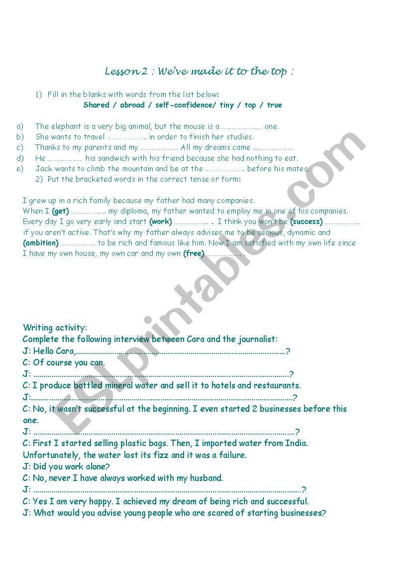 Lesson 2 1st year: We´ve made it to the top - ESL worksheet by nani and ...