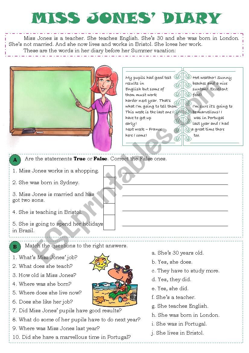Miss Jones´ Diary - ESL worksheet by sarasantos