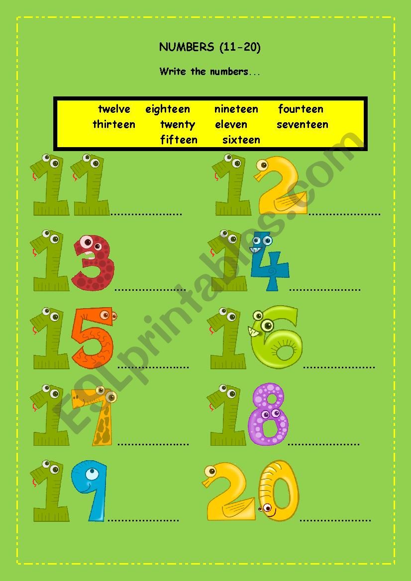 Numbers 11 20 ESL Worksheet By Detirga