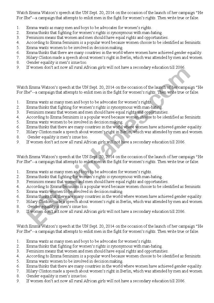 Emma Watson´s campaign He for She" - ESL worksheet by naimaleghtas