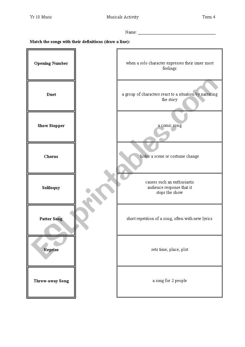 Musicals Match the Song Types - ESL worksheet by Kez5