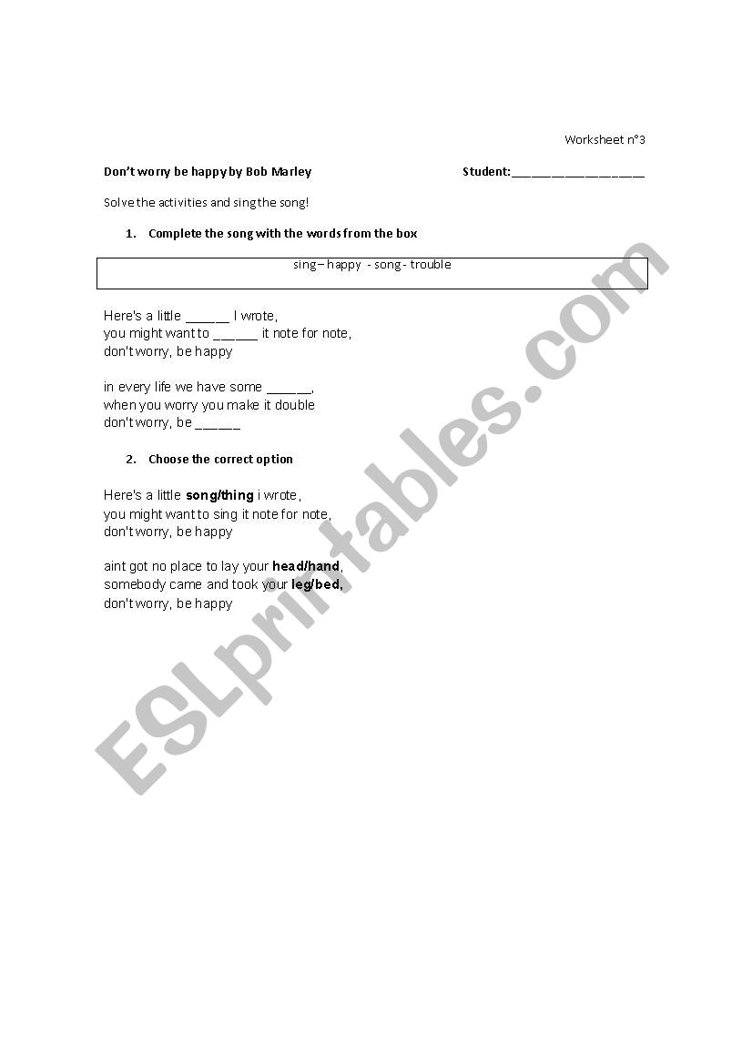 Song - Don´t worry be happy by Bob Marley - Activity - ESL worksheet by ...