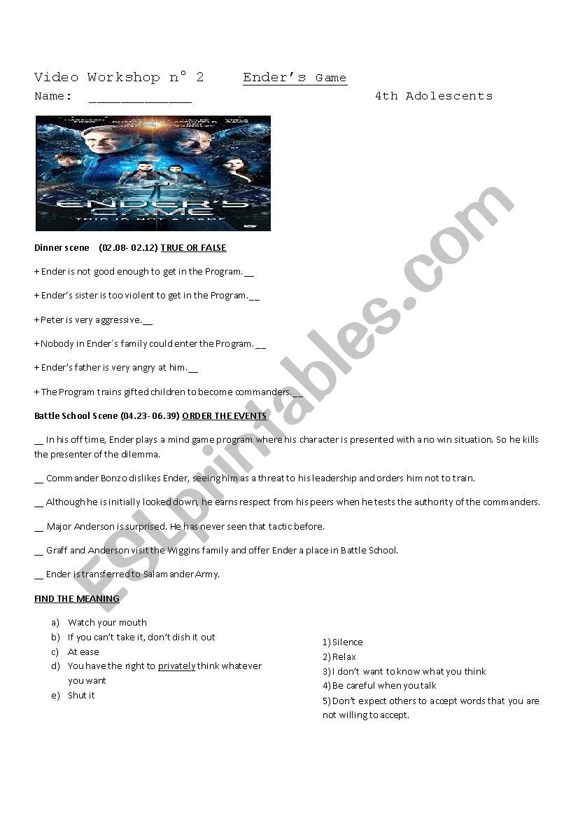 Ender`s game activity - ESL worksheet by eslmicaela